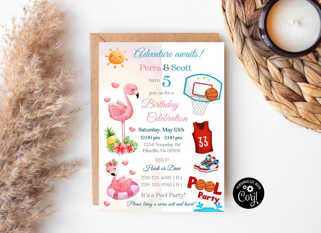 Flamingo and Basketball Joint Sibling Birthday Invitation, Editable ...