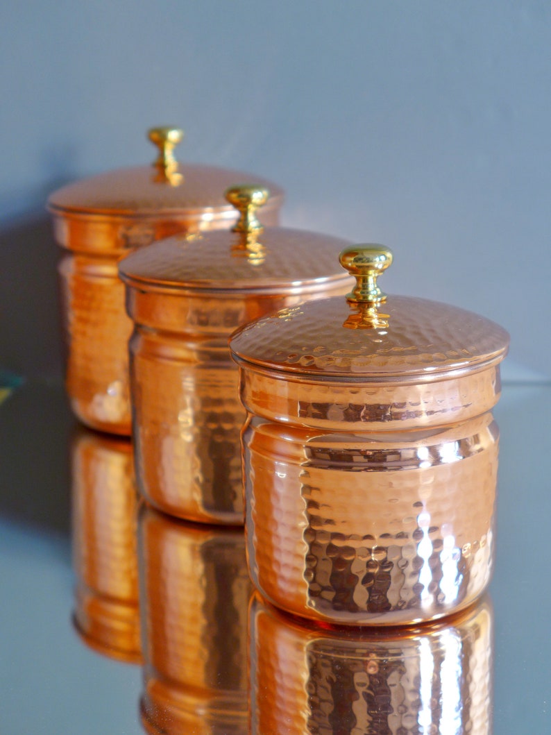 Pure Copper Kitchen Canister Set: Vintage Style, Brass Knob - Set of 3 ...