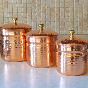 Pure Copper Kitchen Canister Set: Vintage Style, Brass Knob - Set of 3 ...