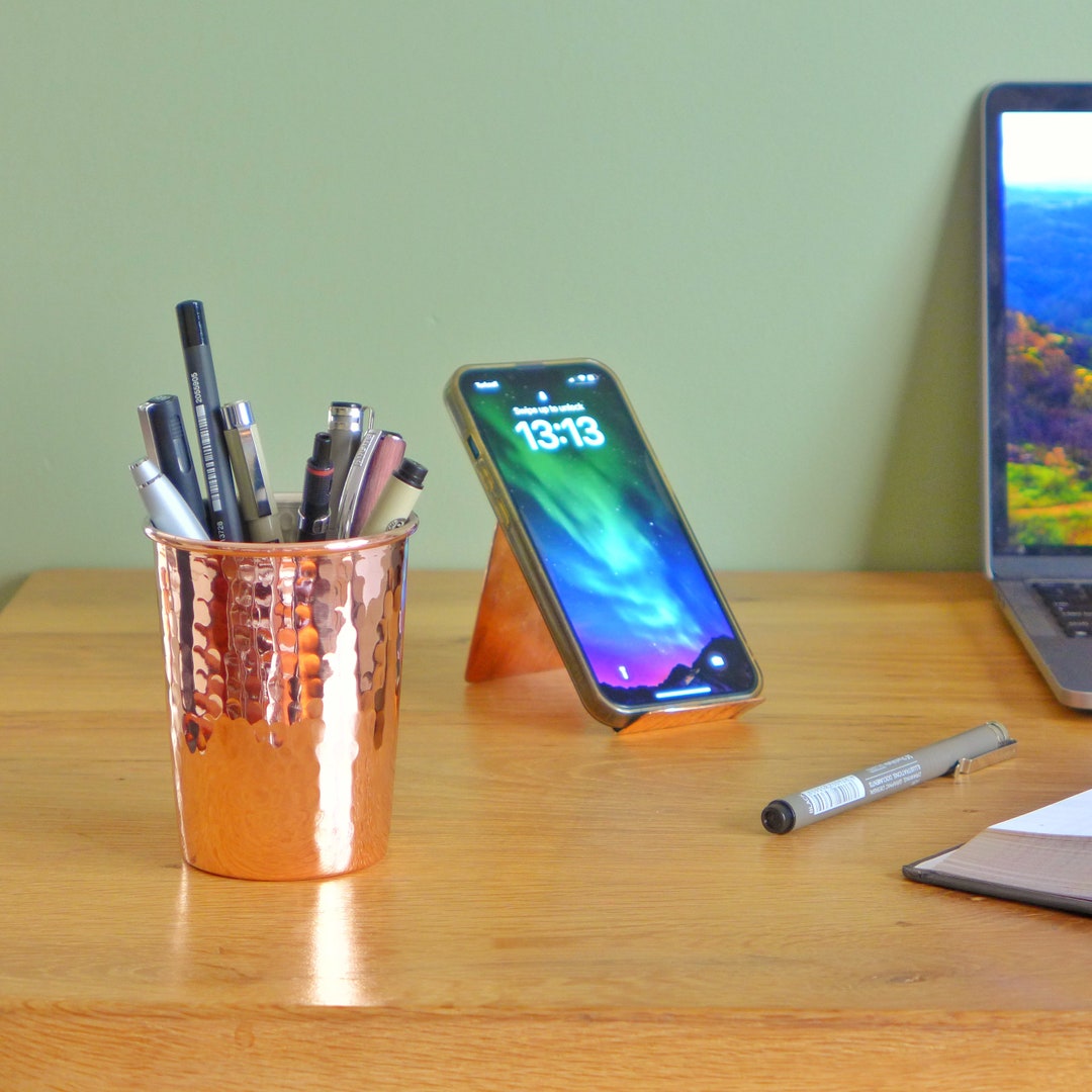 Set of 2 Personalized Copper Pen Holder Cup & Phone Stand, Pencil ...