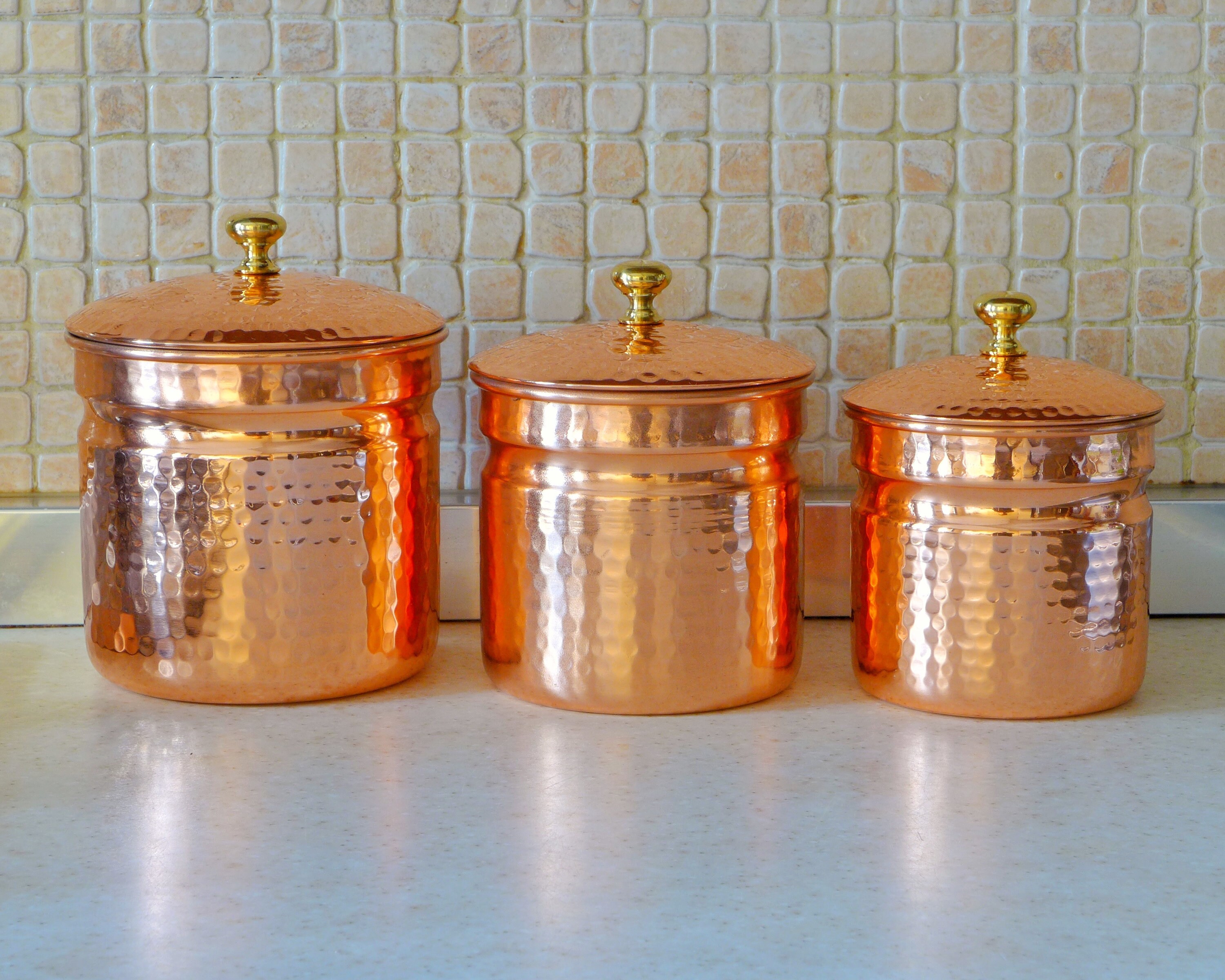 Pure Copper Kitchen Canister Set: Vintage Style, Brass Knob - Set of 3 ...