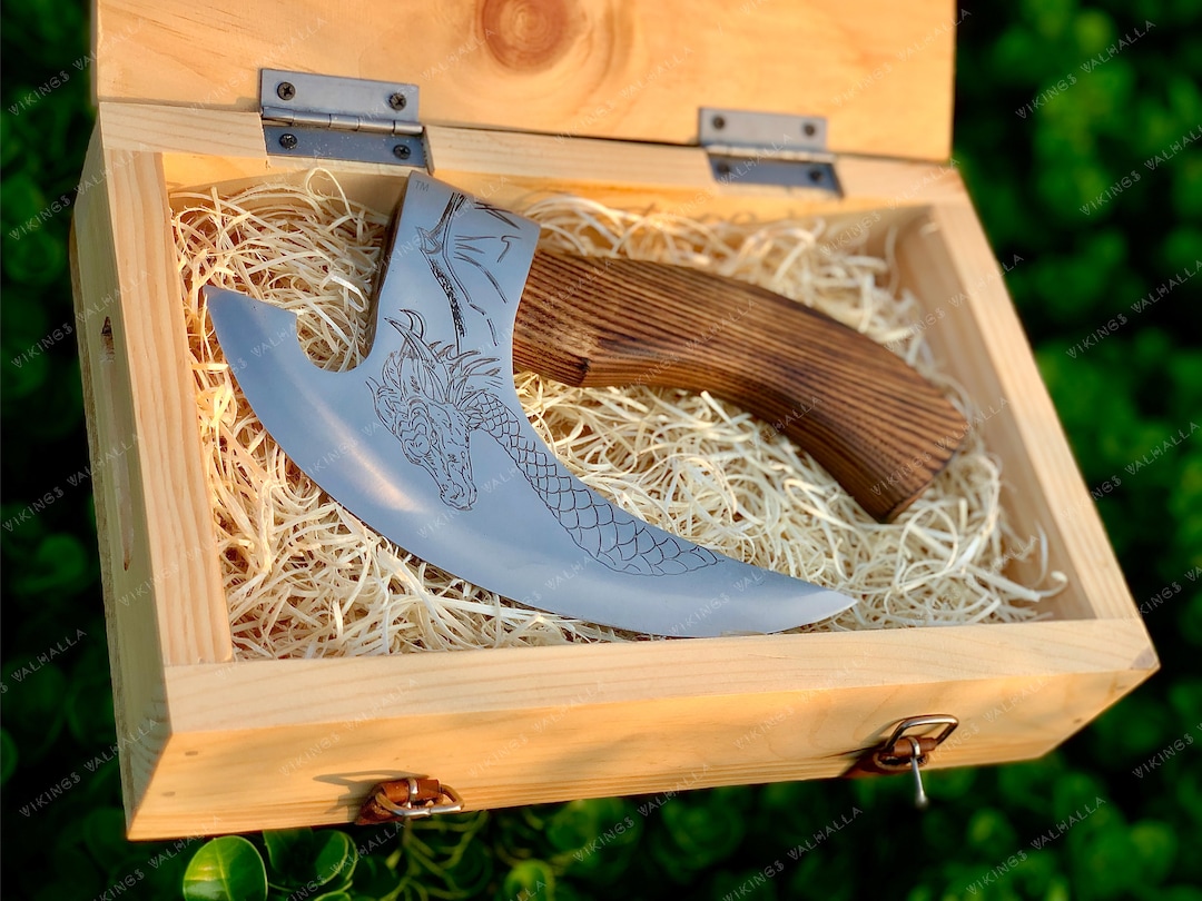 Pizza Cutter Axe With Personalized Engraved Wooden Box, Viking Style ...