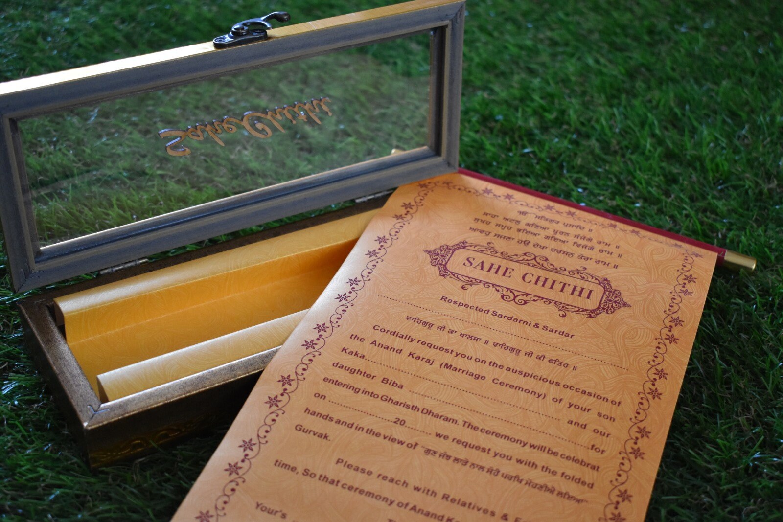English Sahe Chithi in Wooden Box, Anand Karaj, Wedding Invitation ...