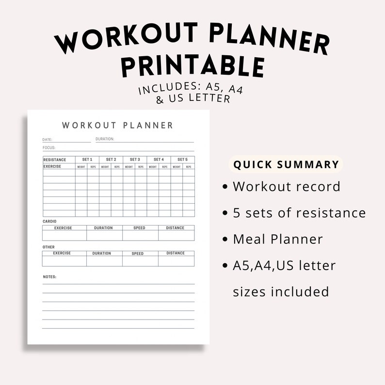 Printable Minimalist Fitness Workout Log Planner Template and Meal Plan ...