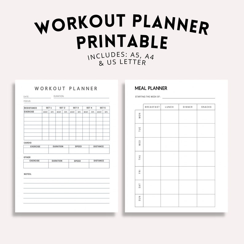 Printable Minimalist Fitness Workout Log Planner Template and Meal Plan ...