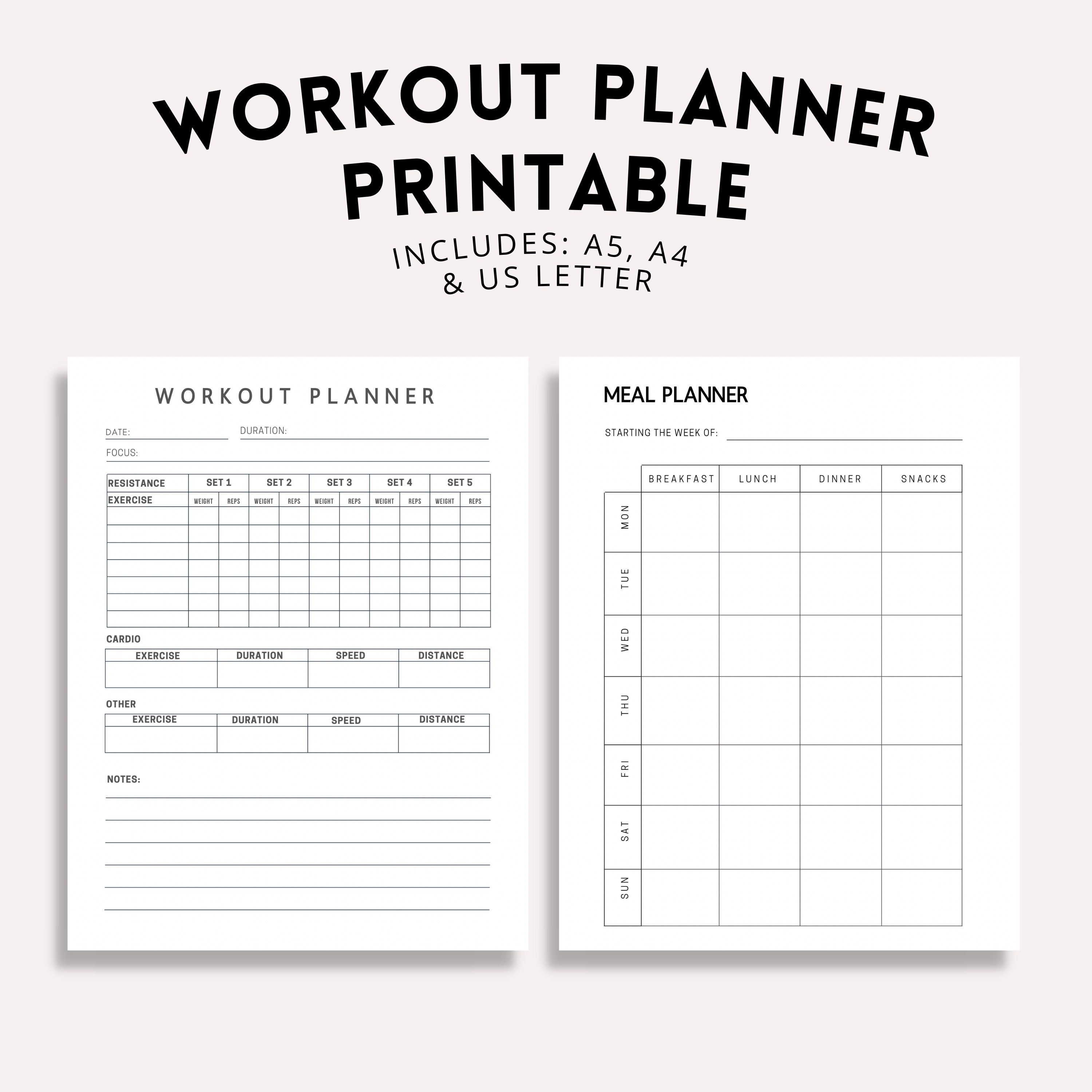 Printable Minimalist Fitness Workout Log Planner Template and Meal Plan ...