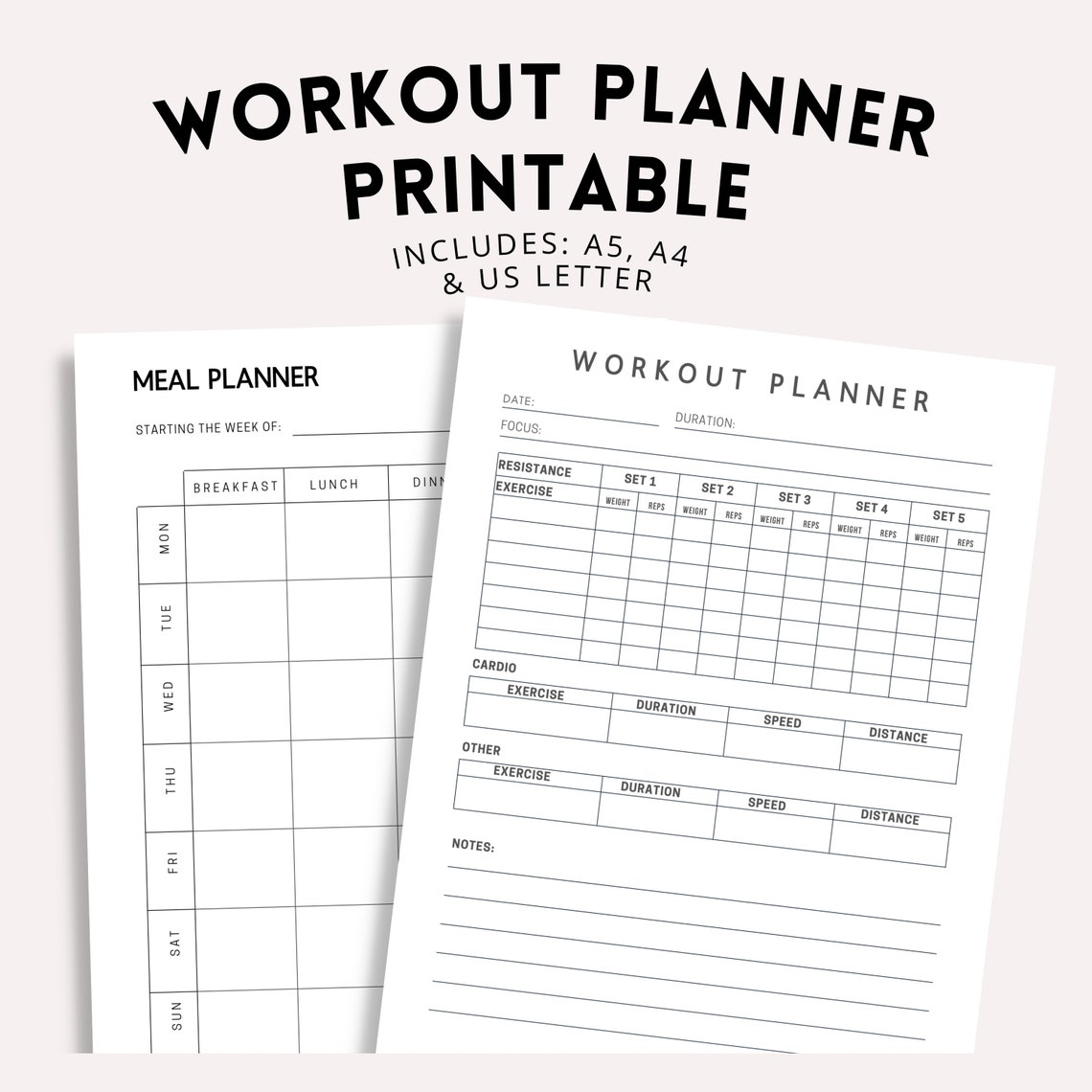 Printable Minimalist Fitness Workout Log Planner Template and Meal Plan ...