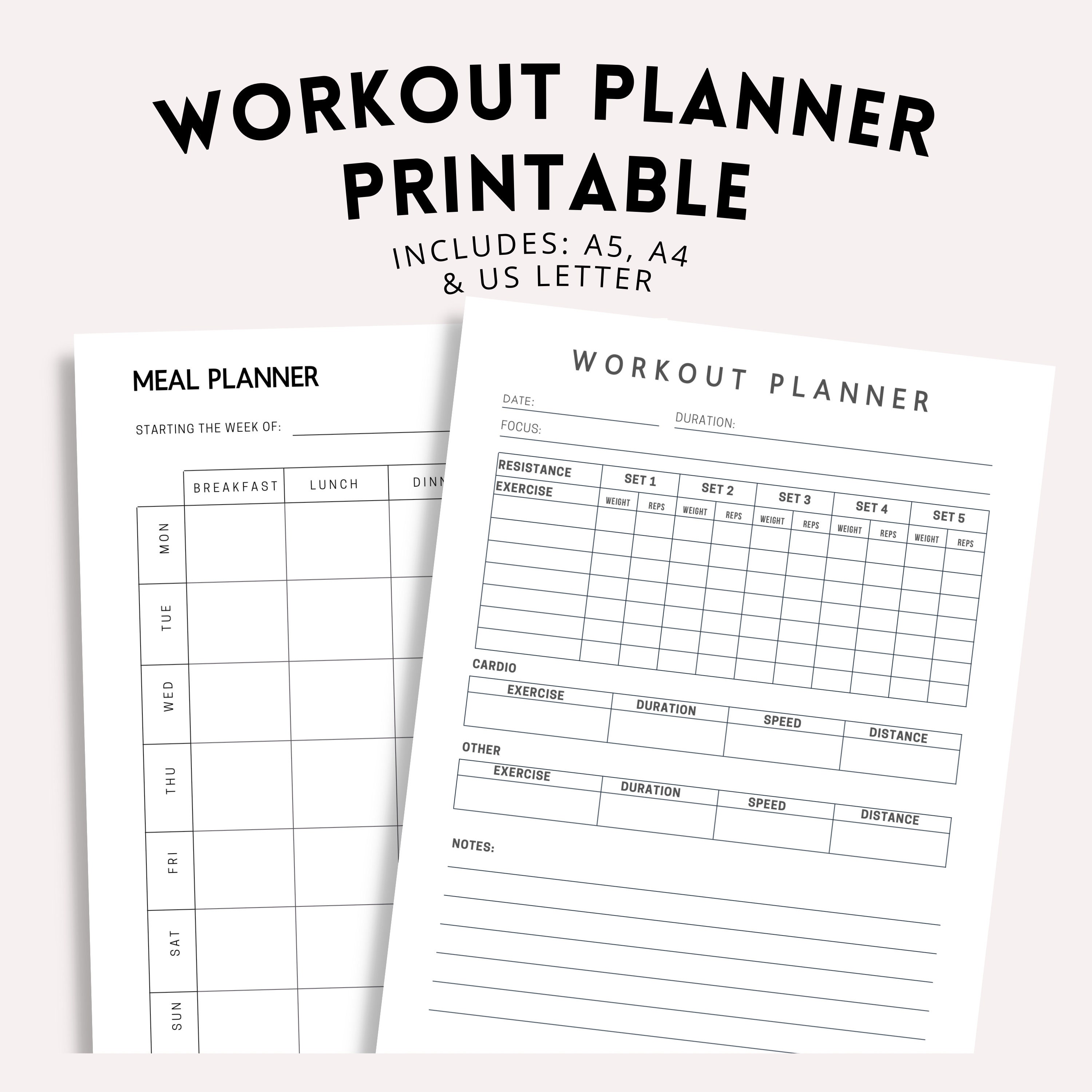 Printable Minimalist Fitness Workout Log Planner Template and Meal Plan ...