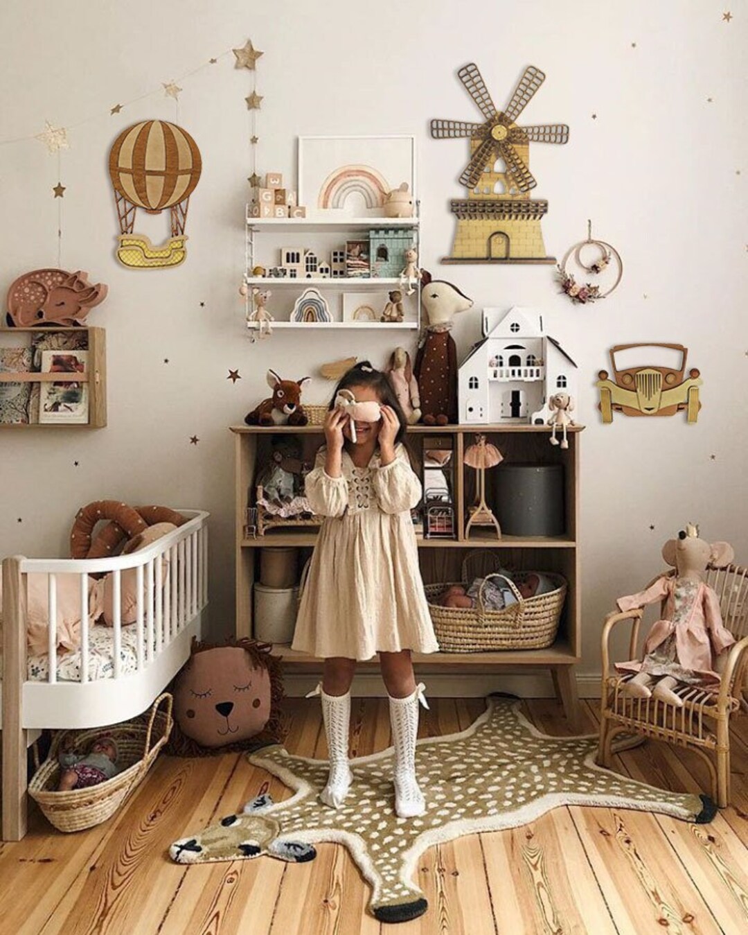 Whimsical Wooden Wall Art Set for Kids' Rooms - Windmill, Car, and Hot ...