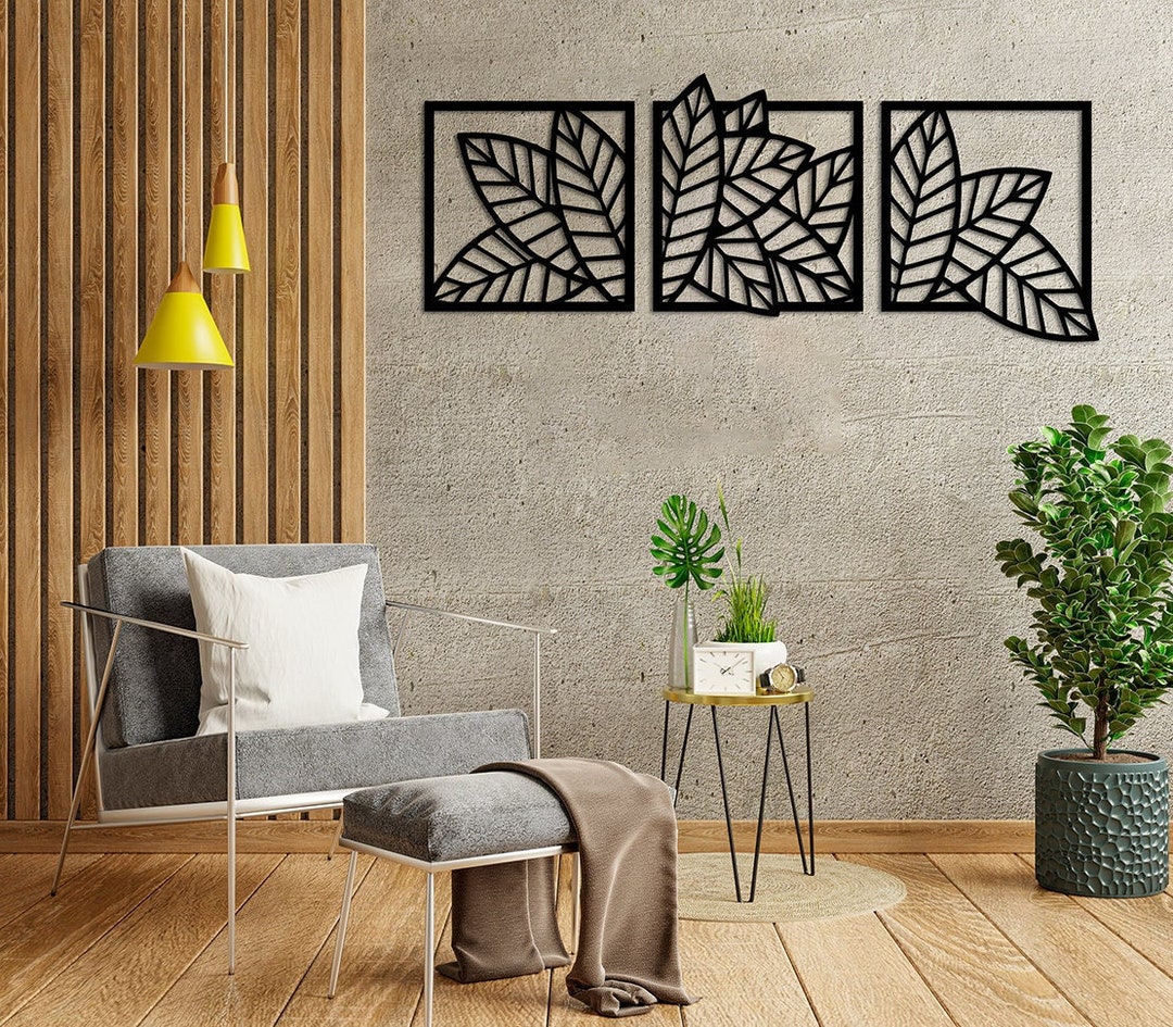 Wooden Leaf Wall Decor, Leaves Wood Wall Art, 3 Panel Set, Plant Themed ...