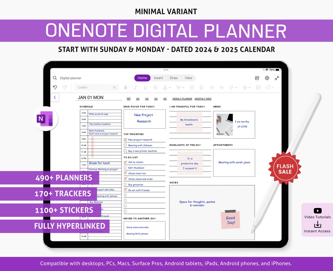OneNote Digitaler Planer, 2024 2025 datiert Hyperlinked Täglich ...