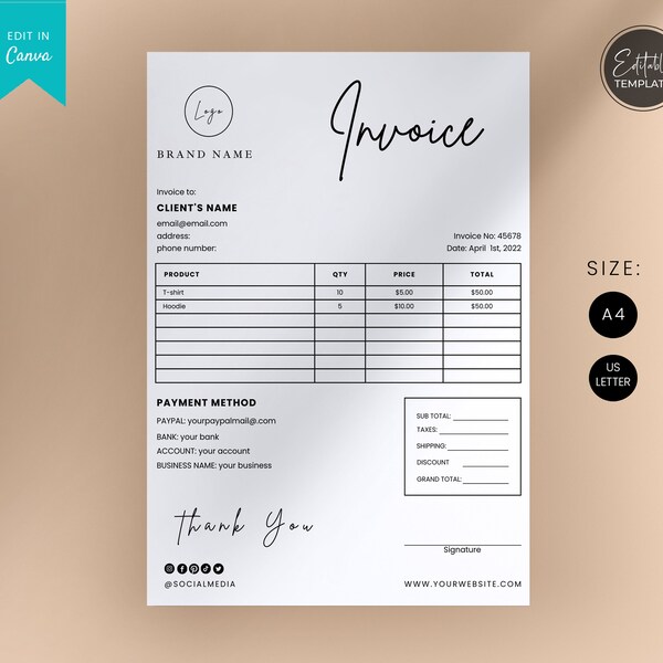 Canva Invoice Template Excel - Etsy