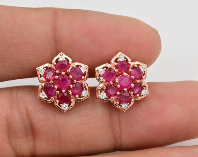 Natural Red Ruby Earrings Studs, 925 Sterling Silver, Cluster Earrings, July Birthstone, 14K ...