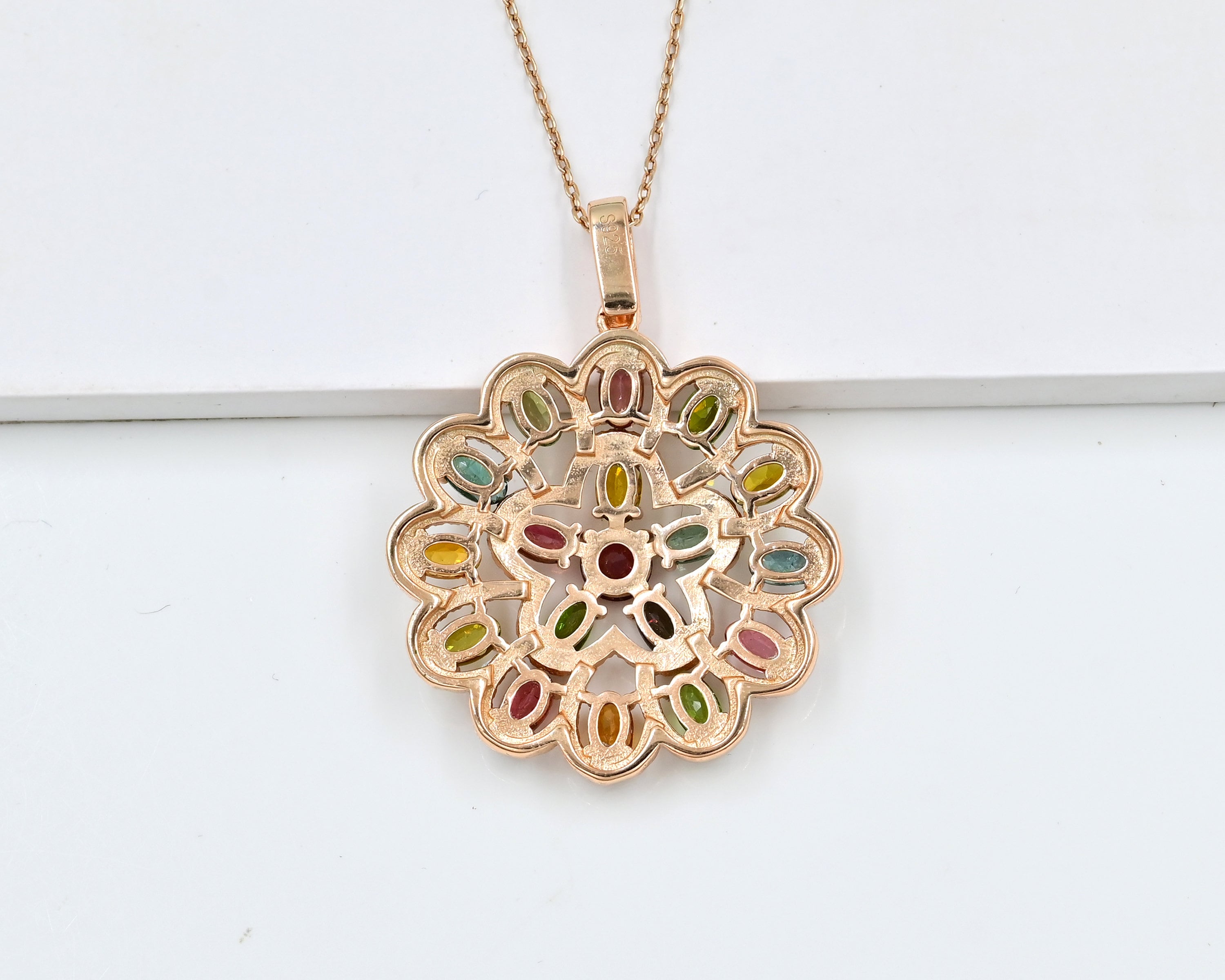 Natural Multi Tourmaline Pendant Necklace, 925 Sterling Silver, 14K ...