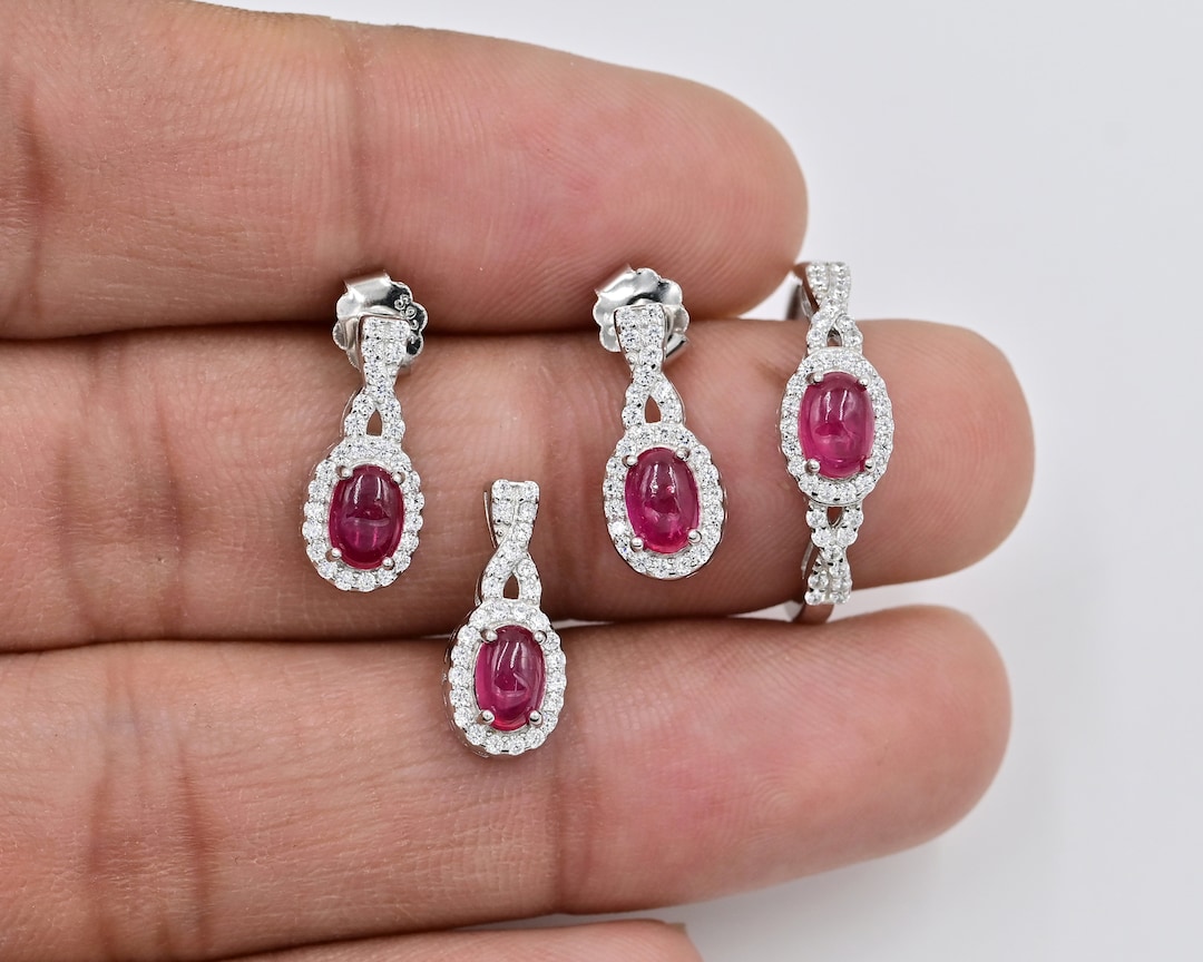 Natural Ruby Cabochon Jewelry Set, 925 Sterling Silver, Solitaire ...