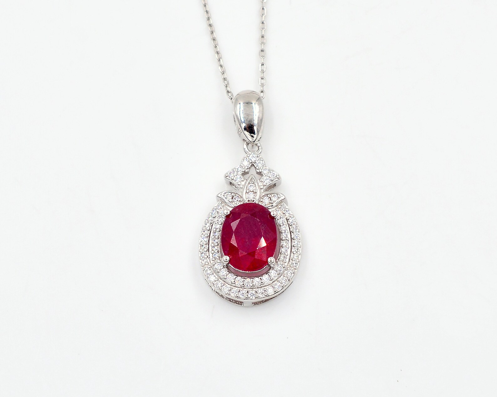 925 Sterling Silver, Natural Red Ruby Cut Pendant Necklace, Solitaire ...