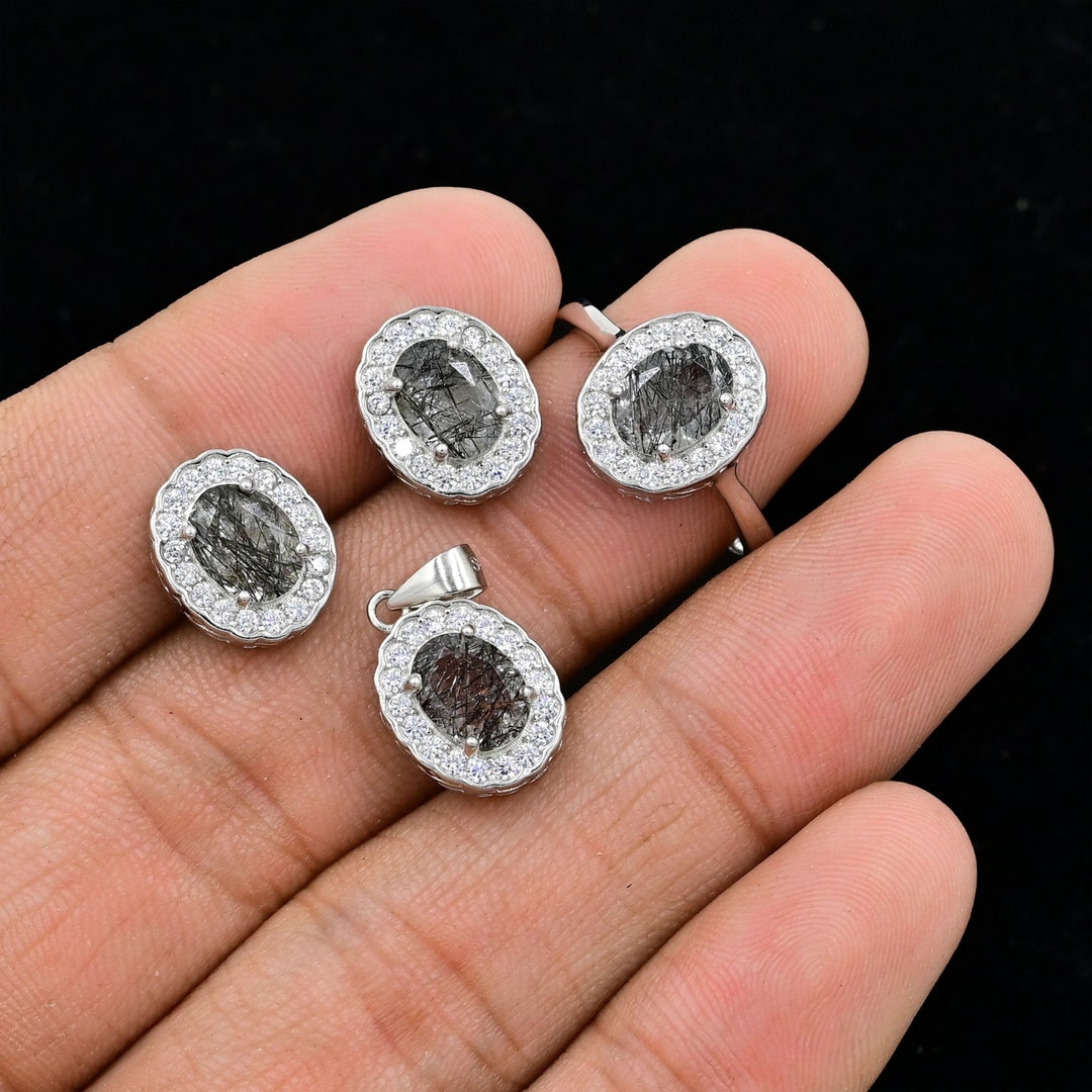Natural Black Rutile Quartz Jewelry Set, 925 Sterling Silver, Solitaire ...
