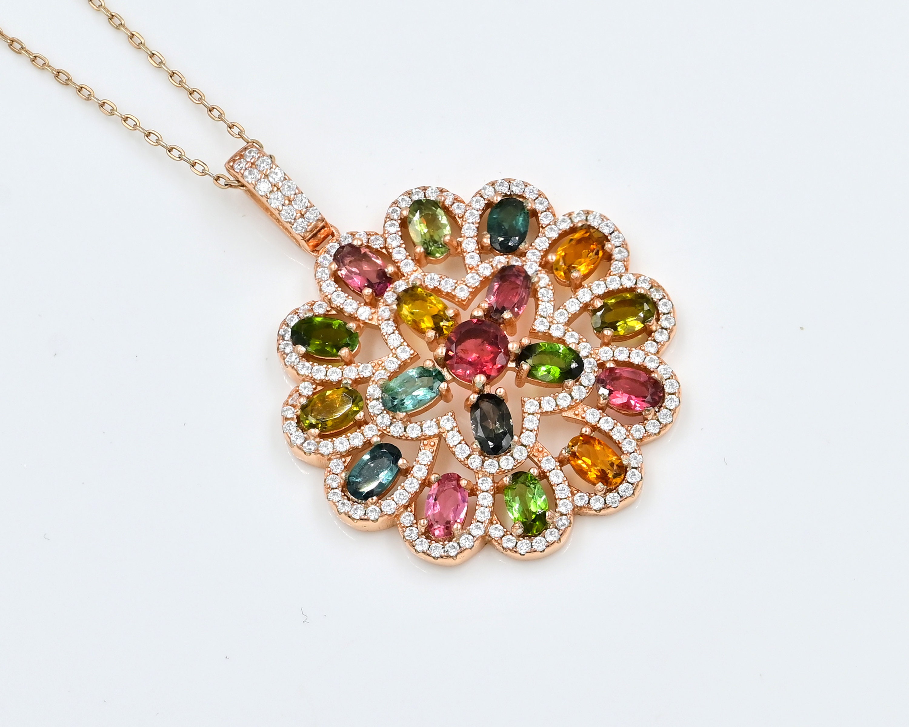 Natural Multi Tourmaline Pendant Necklace, 925 Sterling Silver, 14K ...