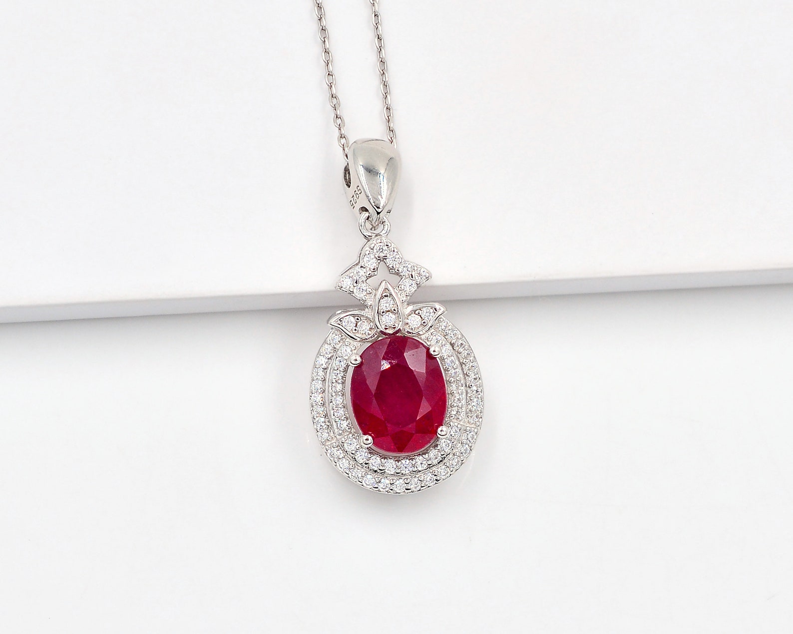 925 Sterling Silver, Natural Red Ruby Cut Pendant Necklace, Solitaire ...