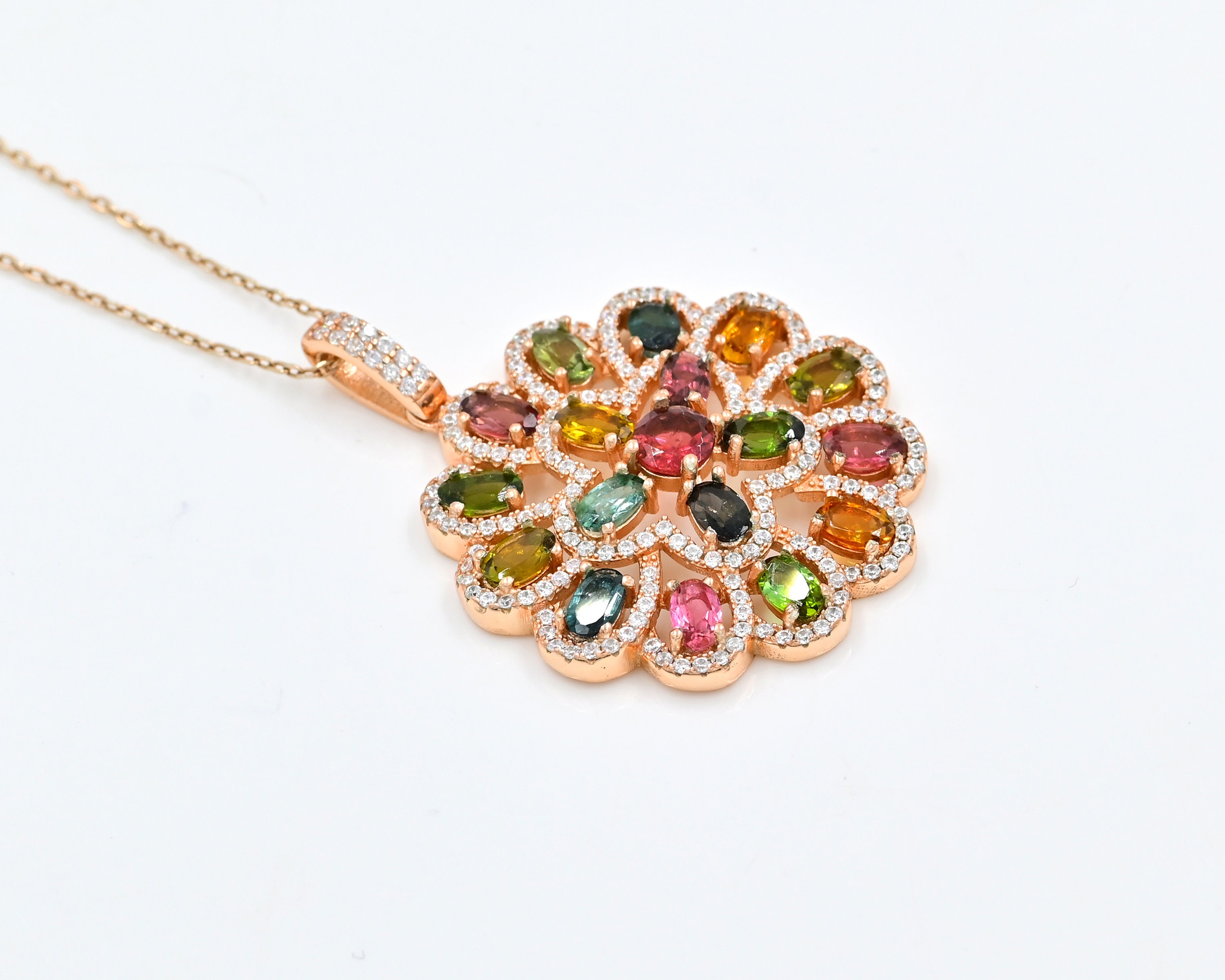 Natural Multi Tourmaline Pendant Necklace, 925 Sterling Silver, 14K ...