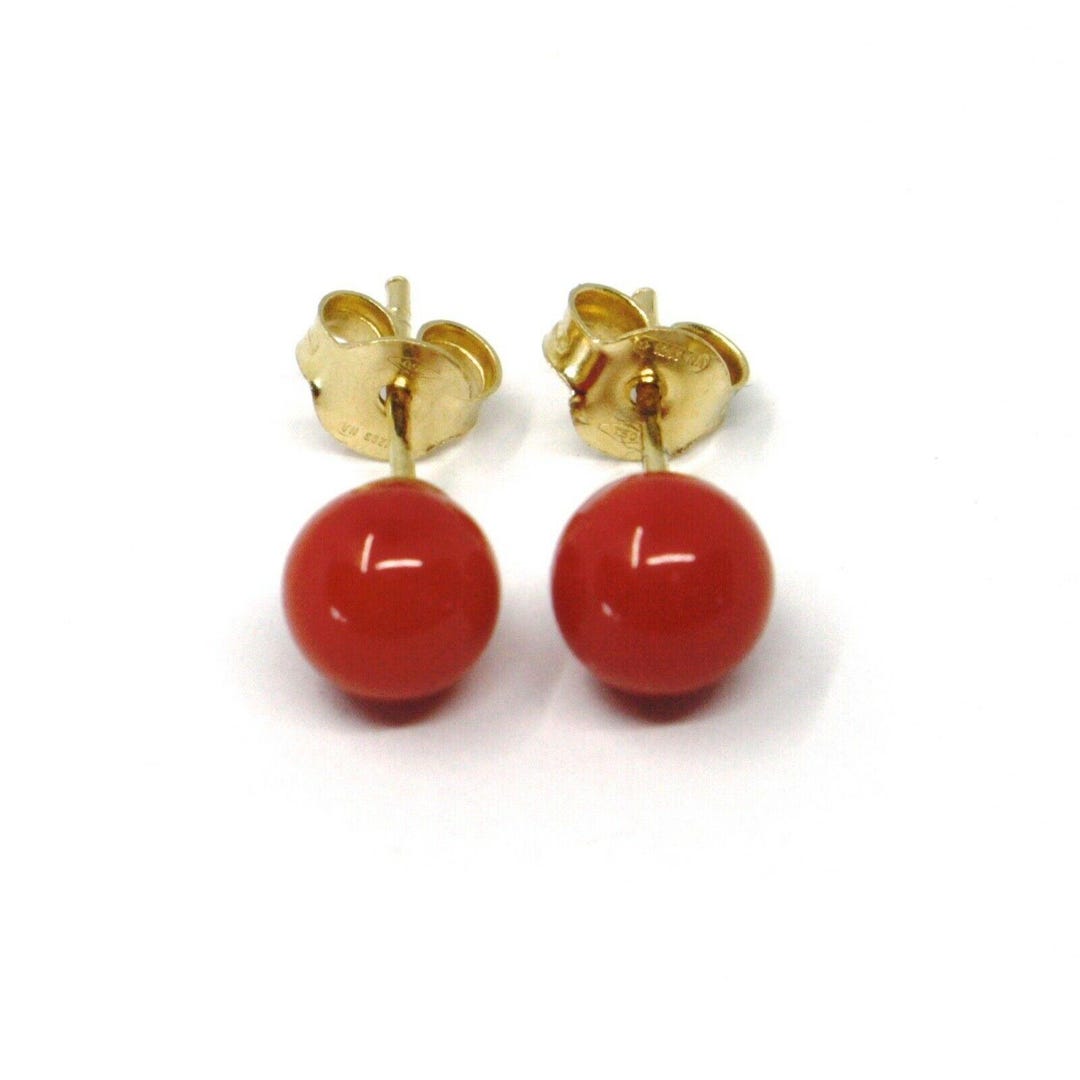 18k Yellow Gold Balls Spheres Red Coral Button Earrings, 5 Mm, 0.2 ...