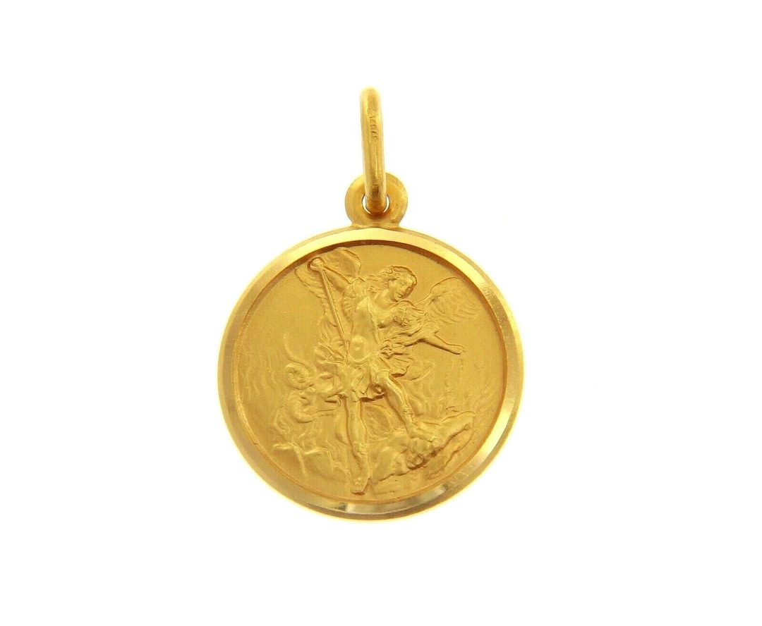 Solid 18k Yellow Gold Saint Michael Archangel 17 Mm Very Detailed Medal ...