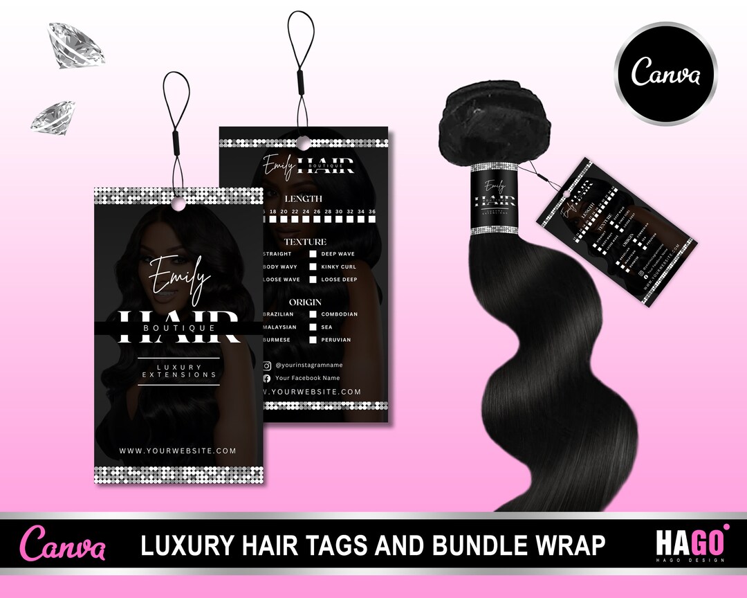 Hair Hangtag & Bundle Wrap Design, Luxury Hair Tags, Luxury Bundle Wraps, Glam Luxury Hair ...