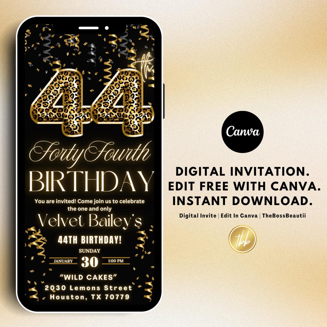 44th Elegant Leopard Print Birthday Digital Invitation, Birthday Party ...