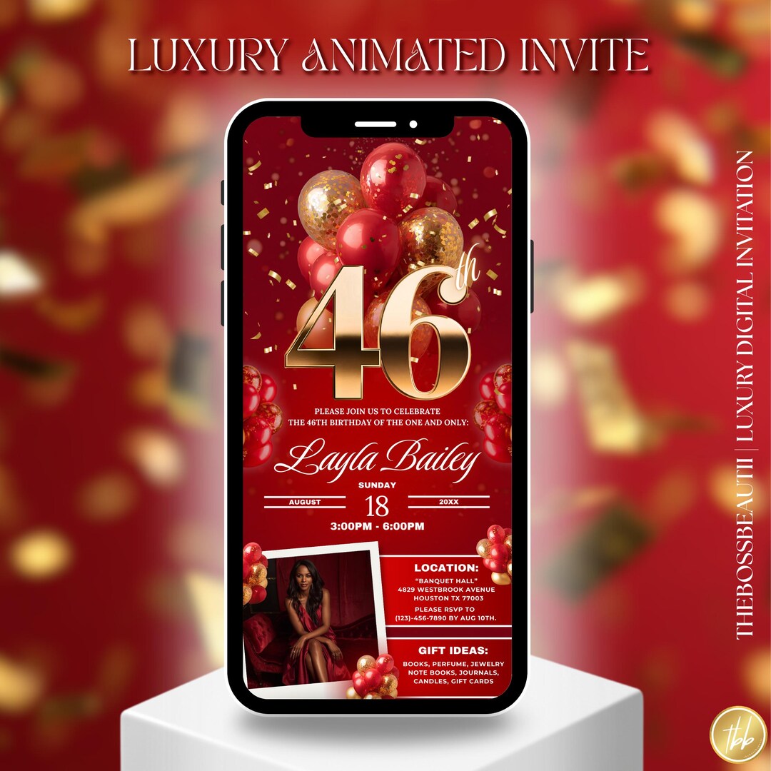 46th Luxury Red and Gold Birthday Invitation With Picture, Turning ...
