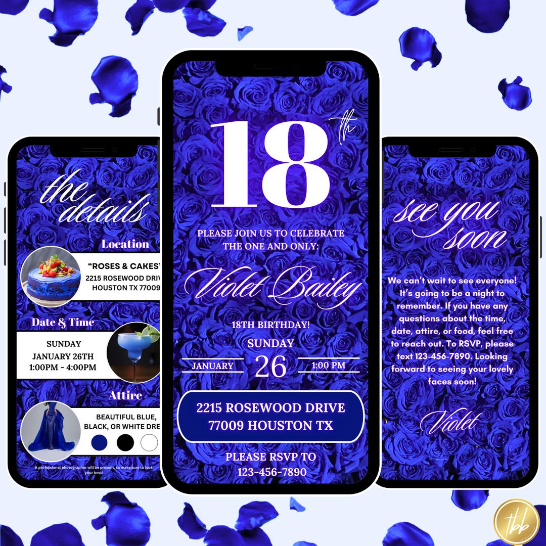 18th Blue Rose Birthday Digital Invitation, Birthday Party Evite . 18 ...
