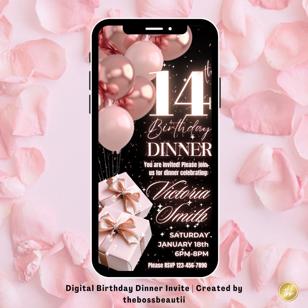 14th Pink Birthday Dinner Digital Invitation, 14 Birthday Evite, Edit ...