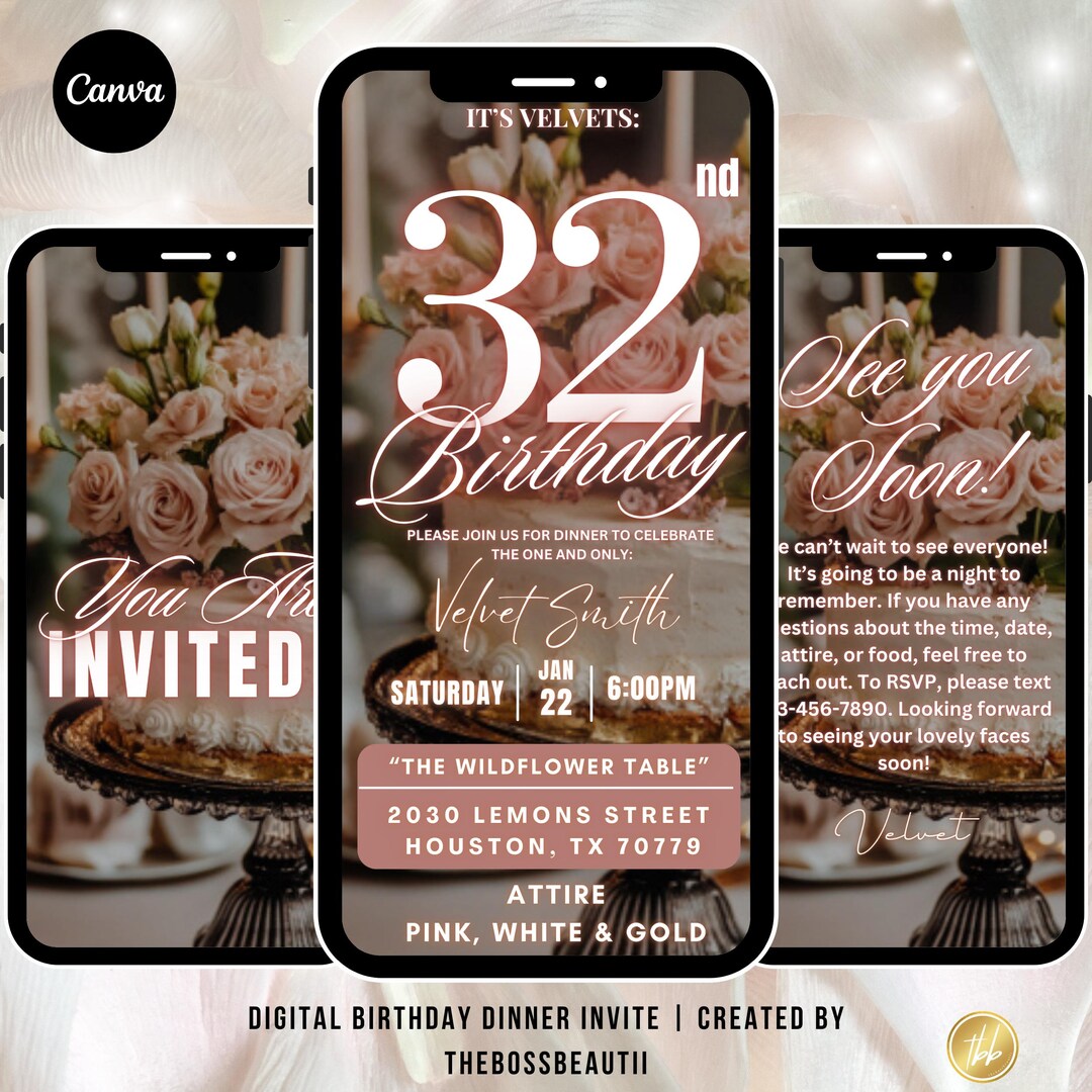 32nd Pink Birthday Dinner Digital Invitation, 32nd Birthday Evite, DIY ...