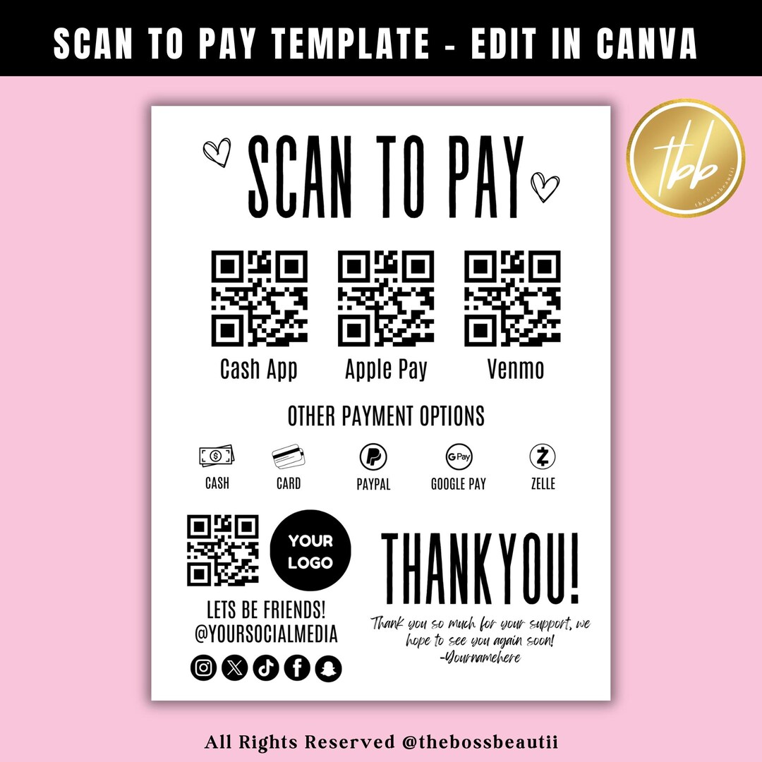 Scan to Pay, Pink Scan to Pay Template, QR Code Payment, Printable Sign ...