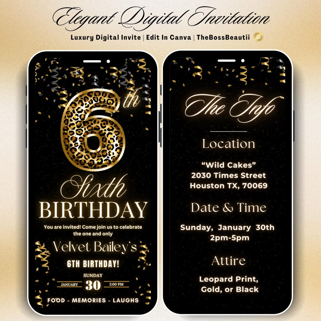 6th Elegant Leopard Print Birthday Digital Invitation, Birthday Party ...