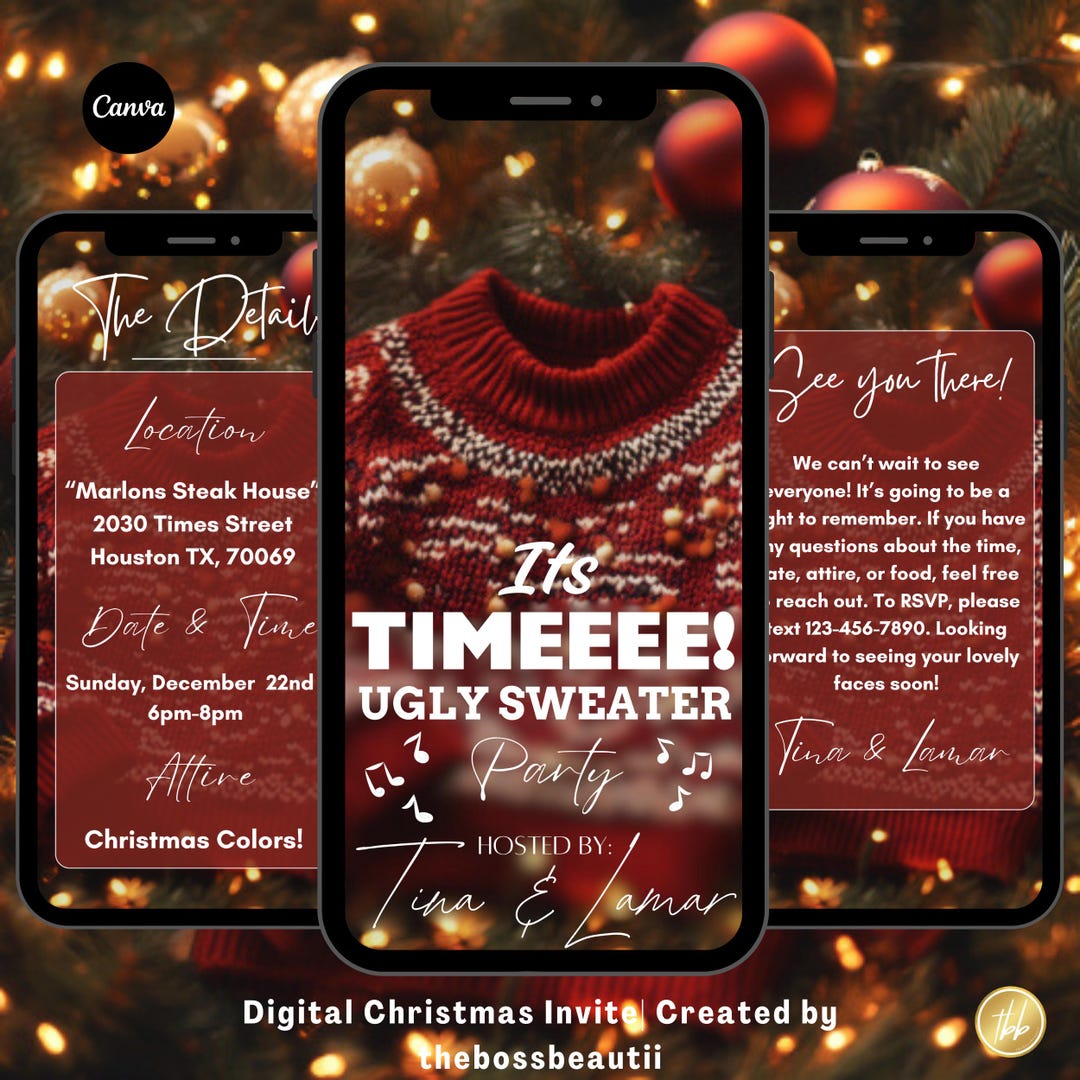 Ugly Sweater Digital Invitation, Christmas Flyer, Edit in Canva ...