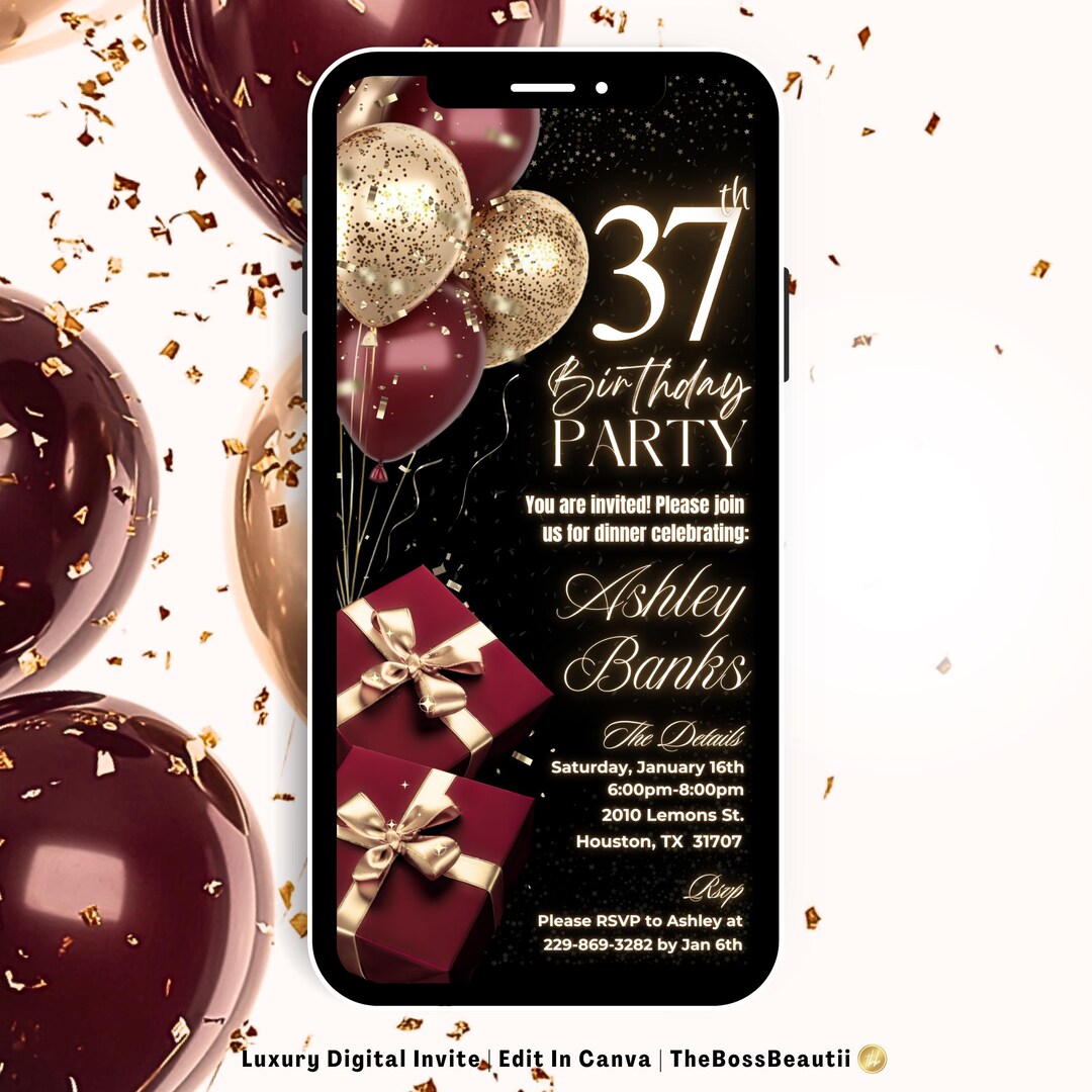 37th Burgundy and Gold Birthday Dinner Digital Invitation, 37 Bday ...