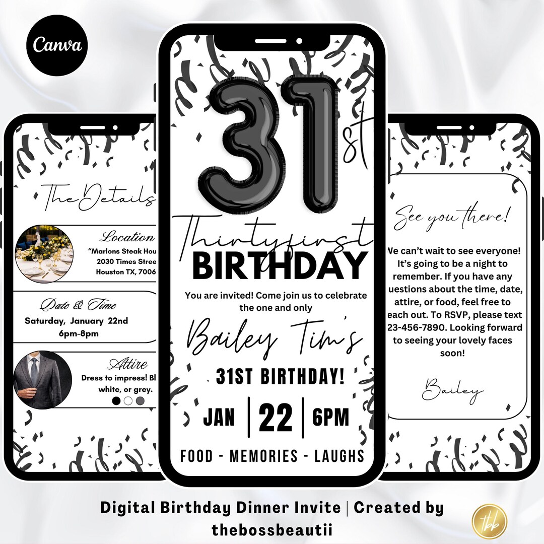 31st Black and White Birthday Party/dinner Digital Invitation, 31st ...