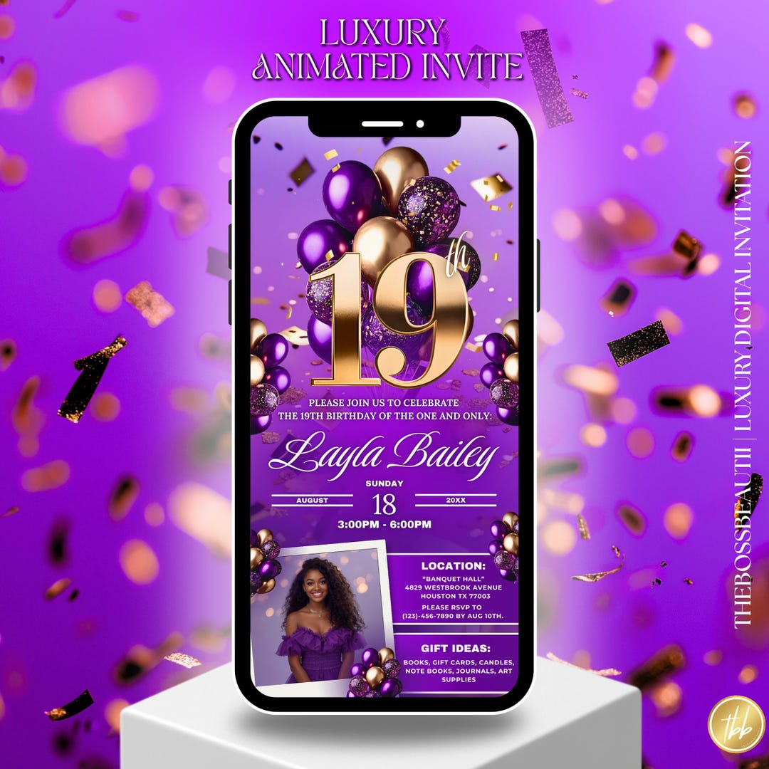 19th Purple and Gold Birthday Invitation With Picture, Turning Nineteen ...