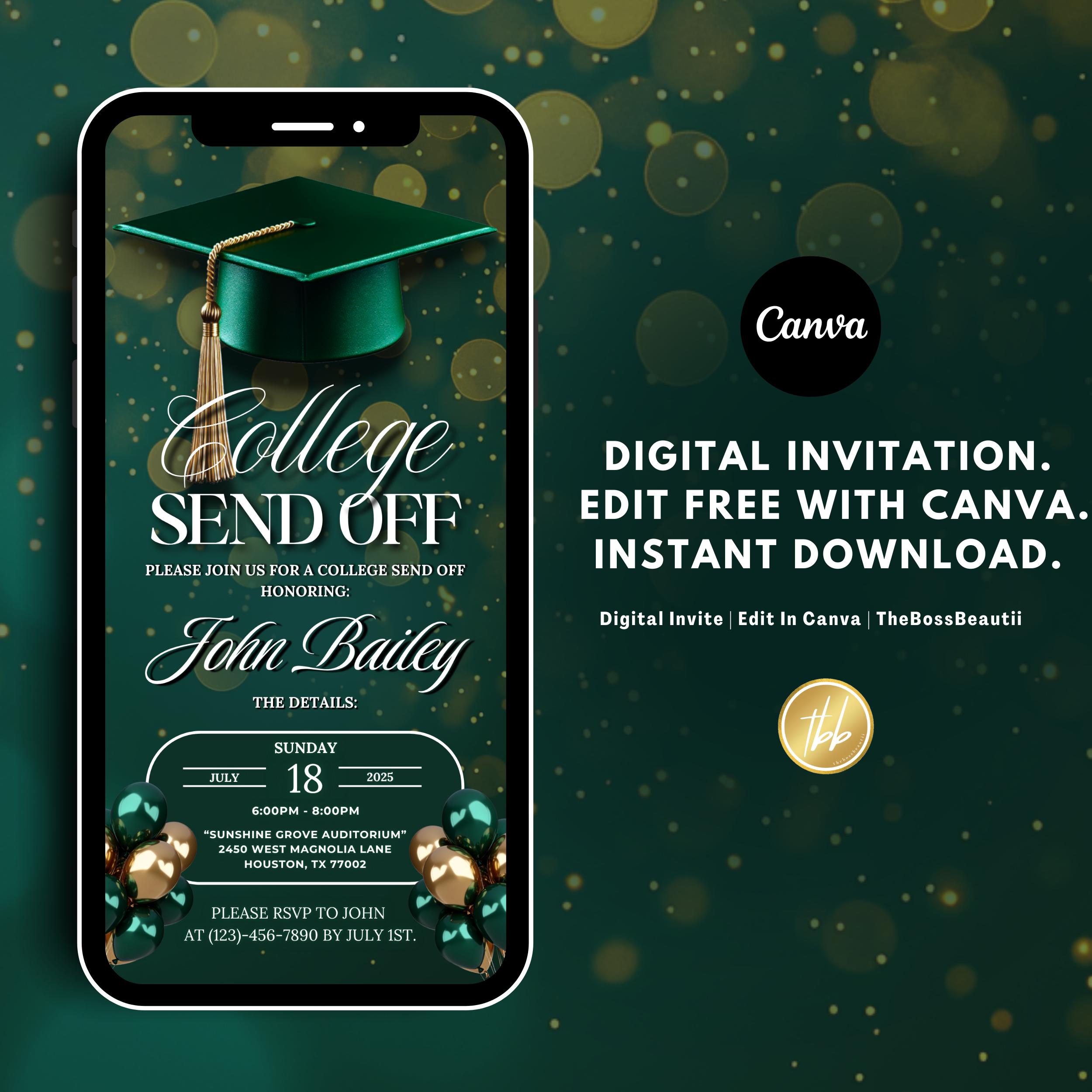 Green and Gold Luxury College Send off Digital Invitation, Graduation ...
