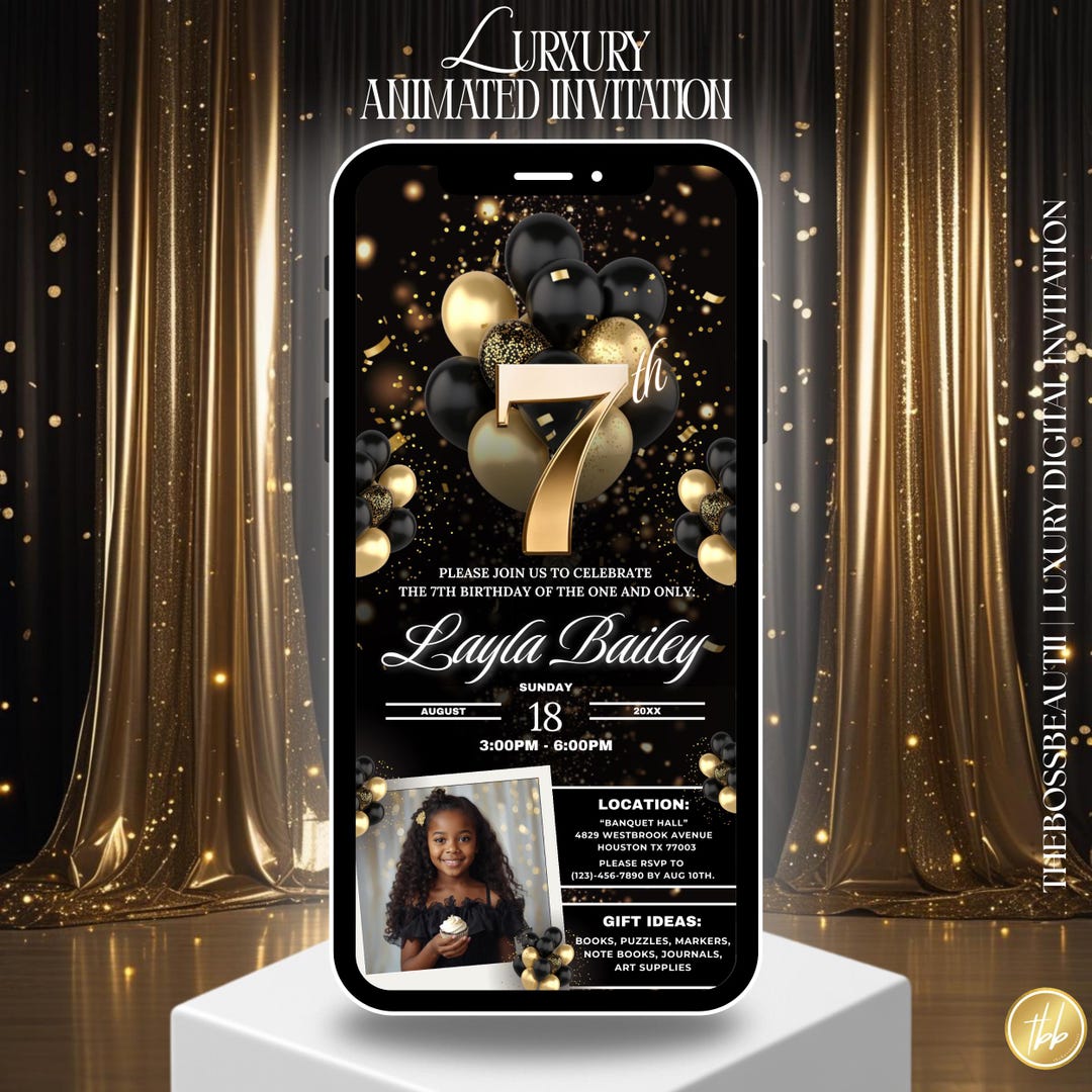 7th Luxury Black and Gold Birthday Invitation With Picture, Turning ...