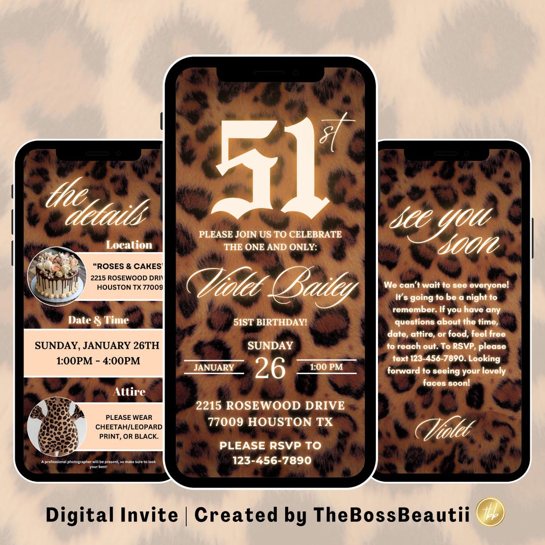 51st Leopard Print Birthday Digital Invitation, Birthday Party Evite ...