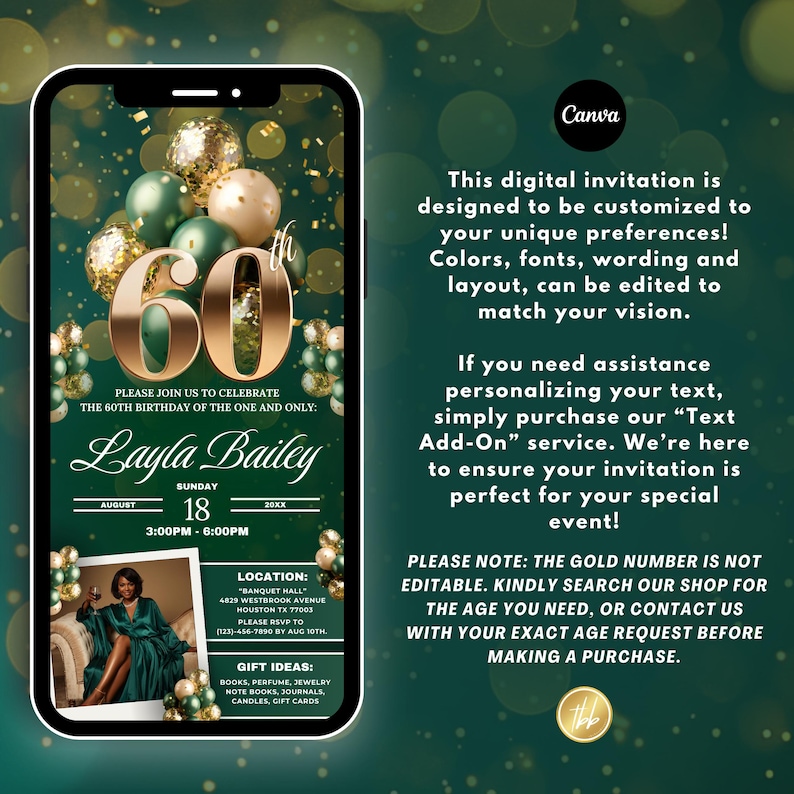 60th Luxury Green and Gold Birthday Invitation With Picture, Turning ...