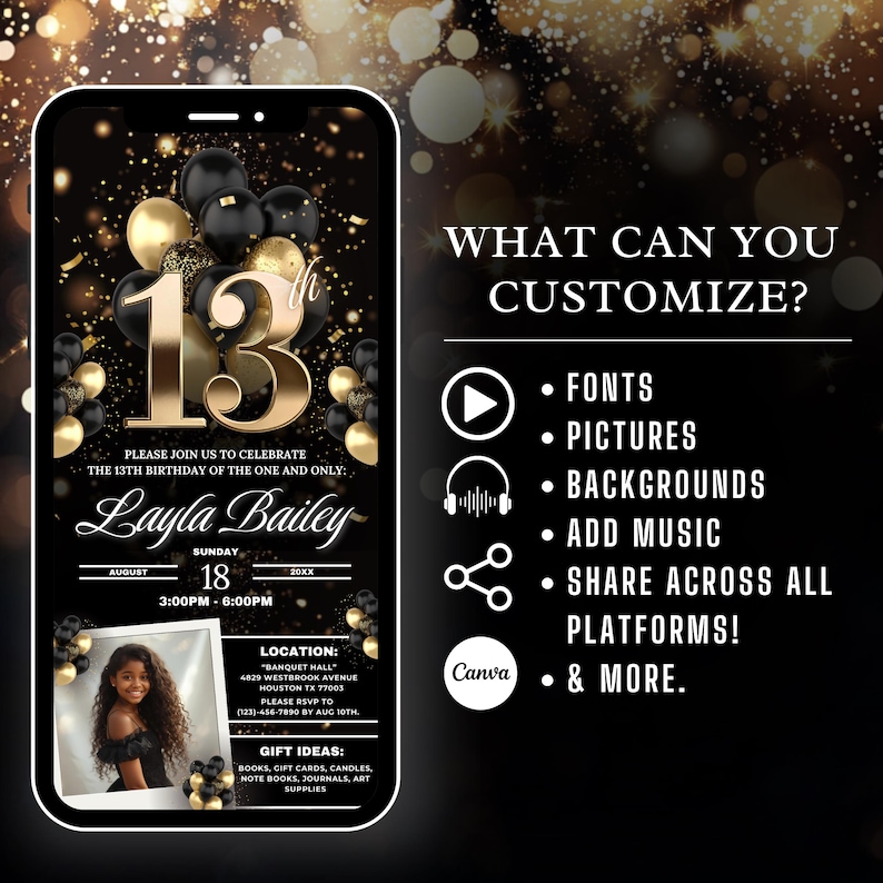 13th Luxury Black and Gold Birthday Invitation With Picture, Turning ...