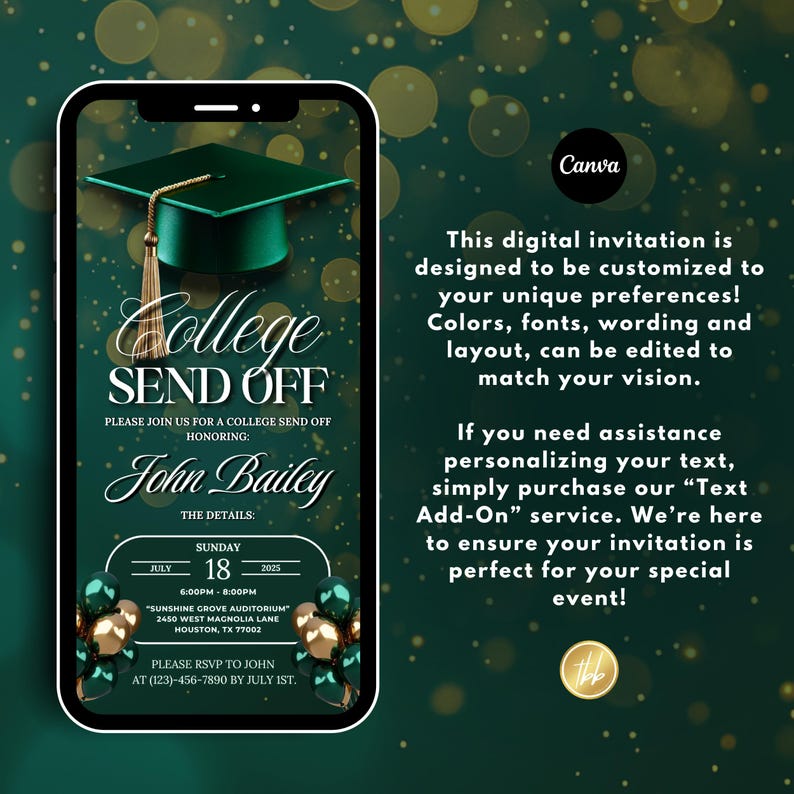 Green and Gold Luxury College Send off Digital Invitation, Graduation ...