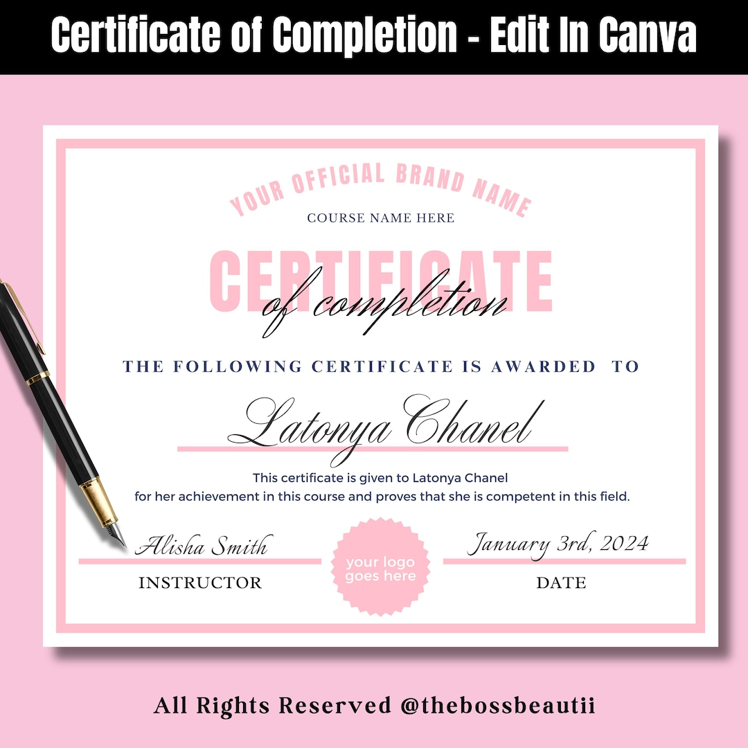 Pink Certificate of Completion Template, MUA, Nail Tech, Hairstylist, Lash Tech, DIY Girly ...
