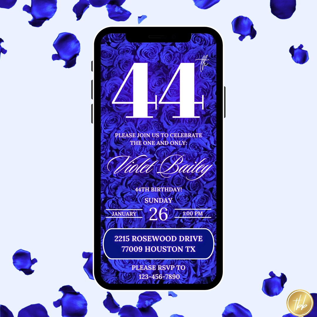 44th Blue Rose Birthday Digital Invitation, Birthday Party Evite . 44 ...
