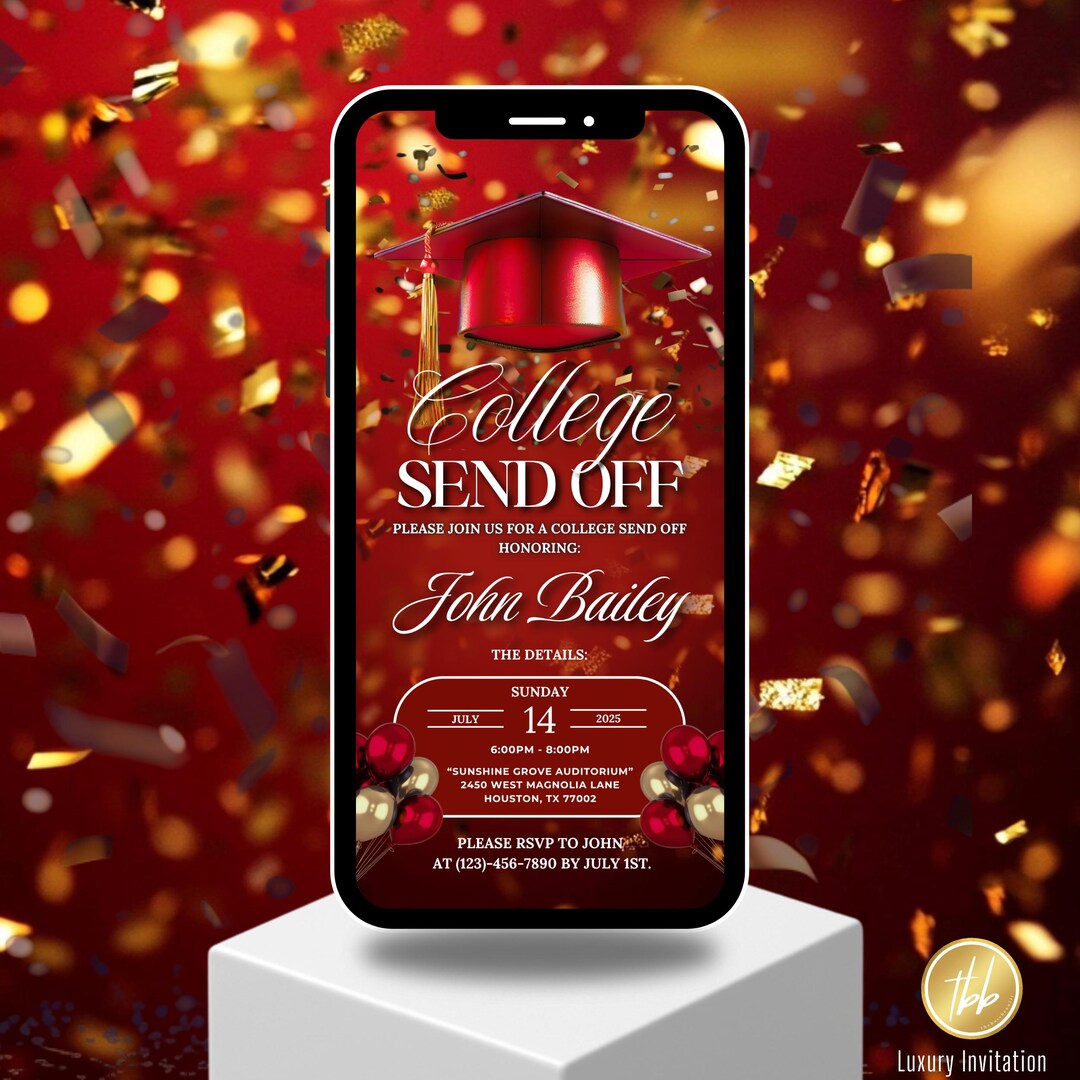Red and Gold Luxury College Send off Digital Invitation, Graduation ...