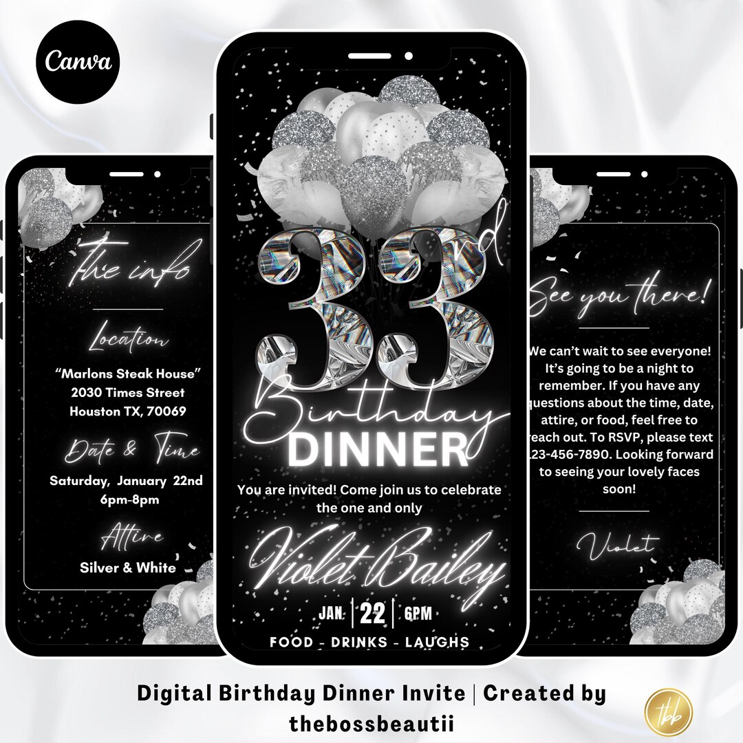 33rd Silver Birthday Dinner Digital Invitation, 33rd Birthday Evite ...