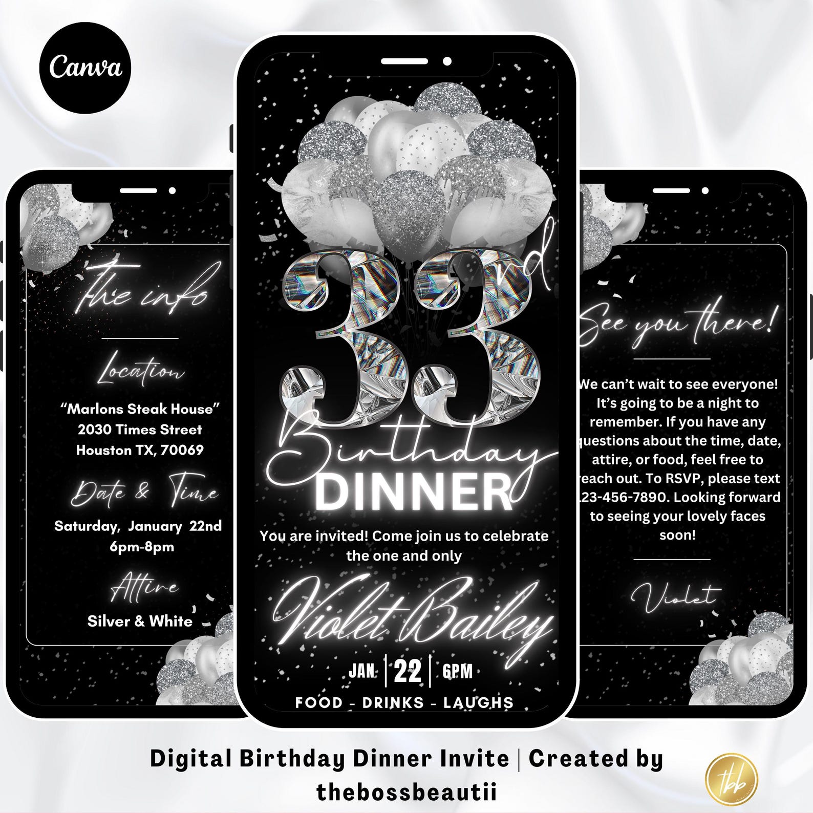 33rd Silver Birthday Dinner Digital Invitation, 33rd Birthday Evite ...