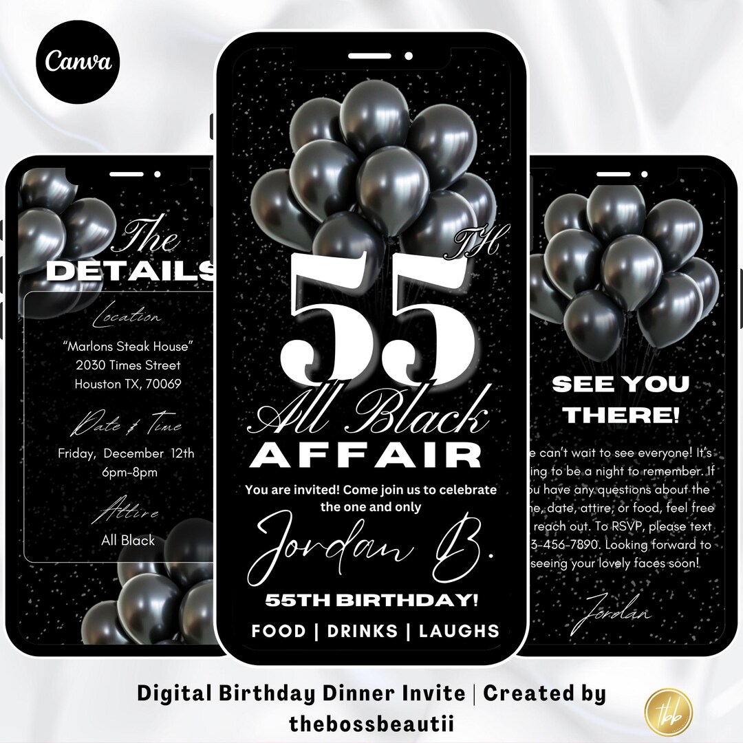 55th All Black Birthday Digital Invitation, 55th Bday Video, Edit in ...
